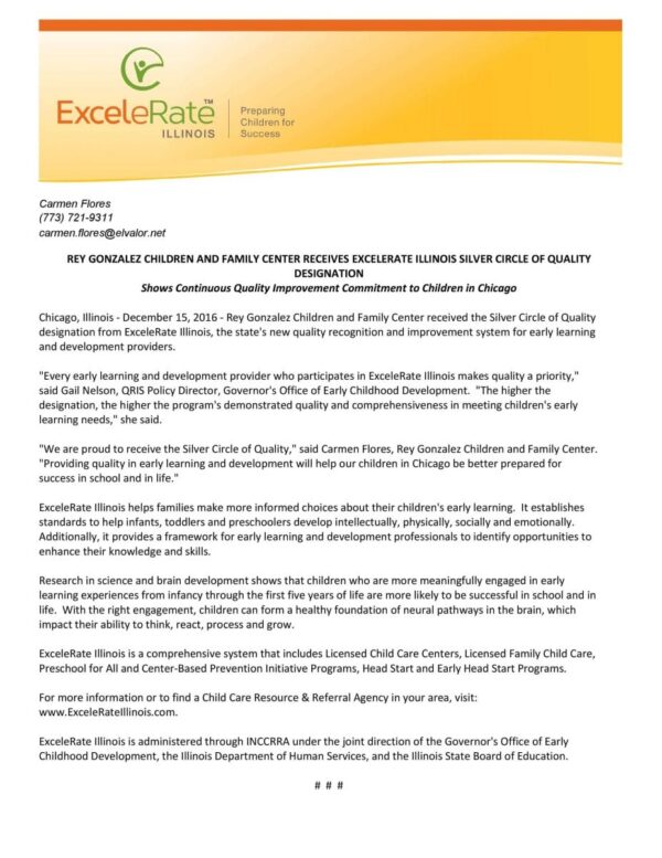 Rey B. Gonzalez Children & Family Center Receives ExceleRate Illinois ...